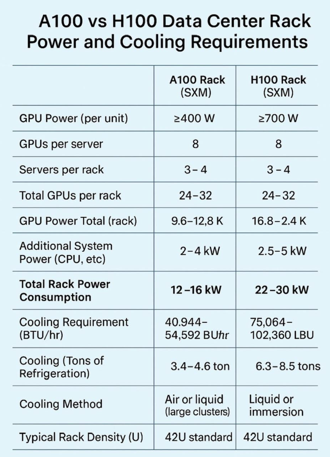 A100 vs H100 GPU Rack Comparison: Power and Cooling Requirements for AI ...